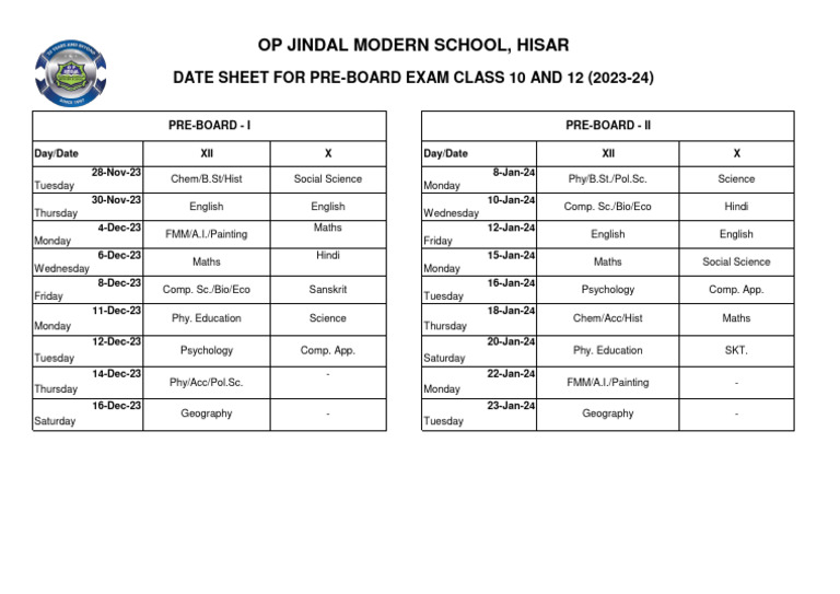 Pre-Board Exam Schedule 2023-24 | PDF