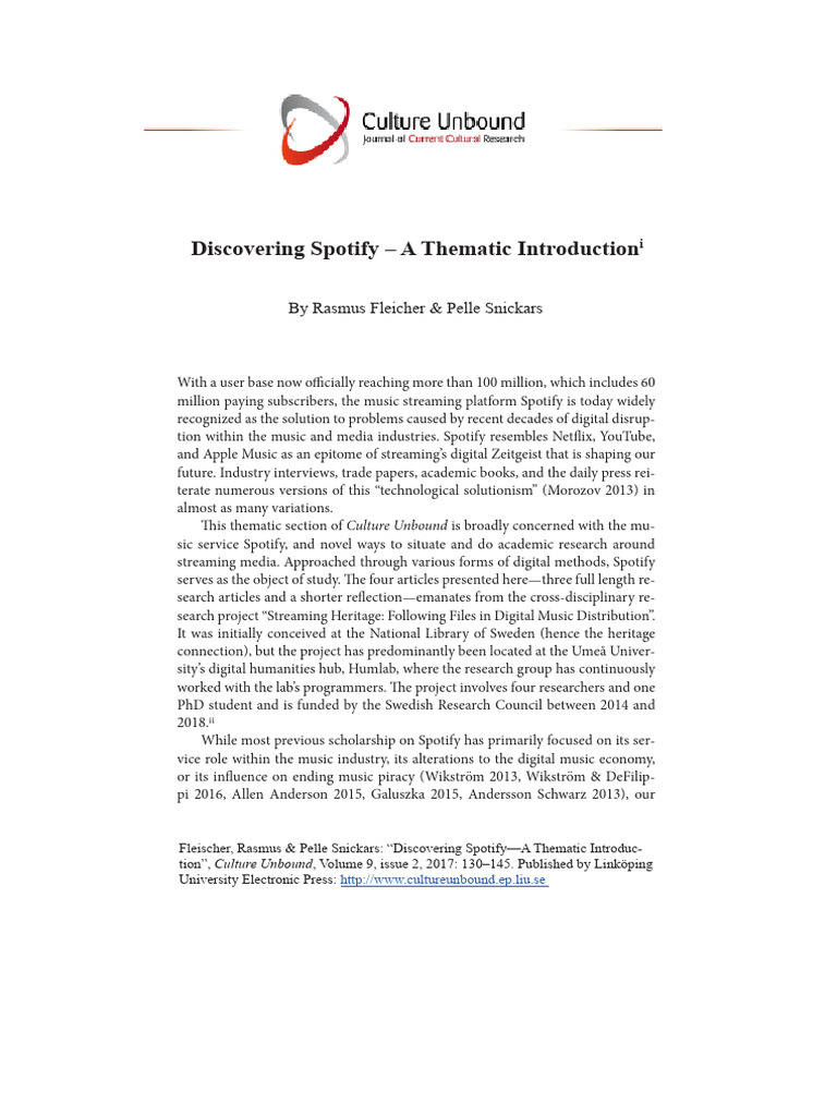 Discovering Spotify - A Thematic Introduction | PDF | Spotify | Streaming Media