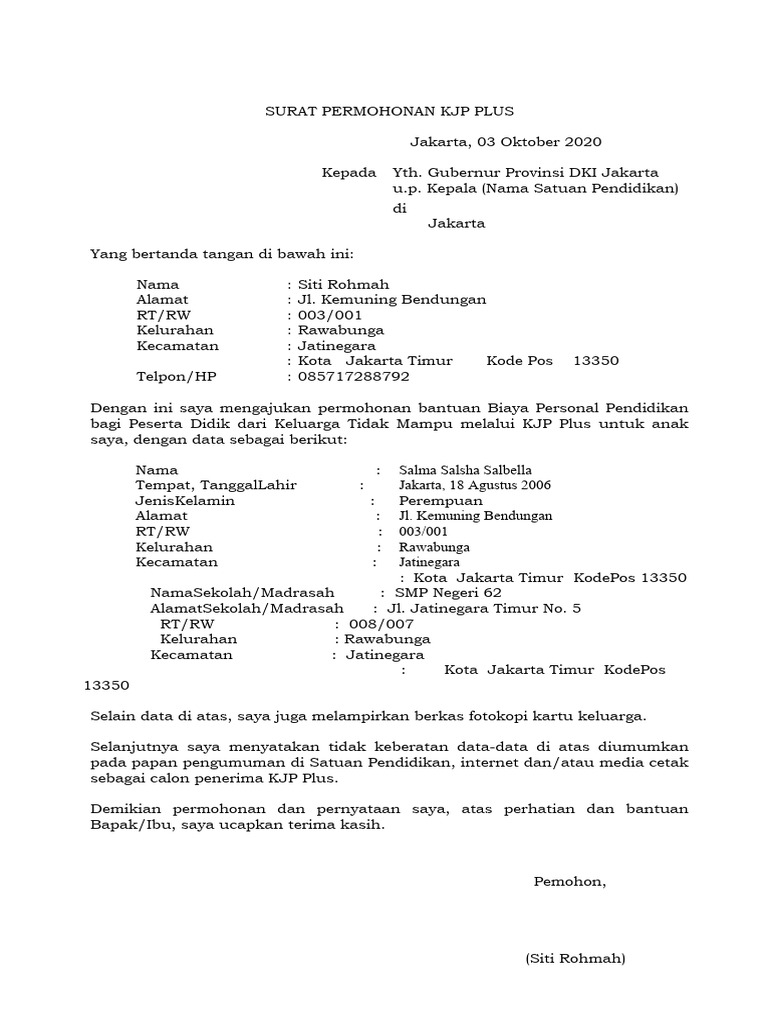 FORM 2 Surat Permohonan KJP Plus Tahap 2 Tahun 2020 (Lampirkan KK Dan ... FORM 2 Surat Permohonan KJP Plus Tahap 2 Tahun 2020 (Lampirkan KK Dan ...