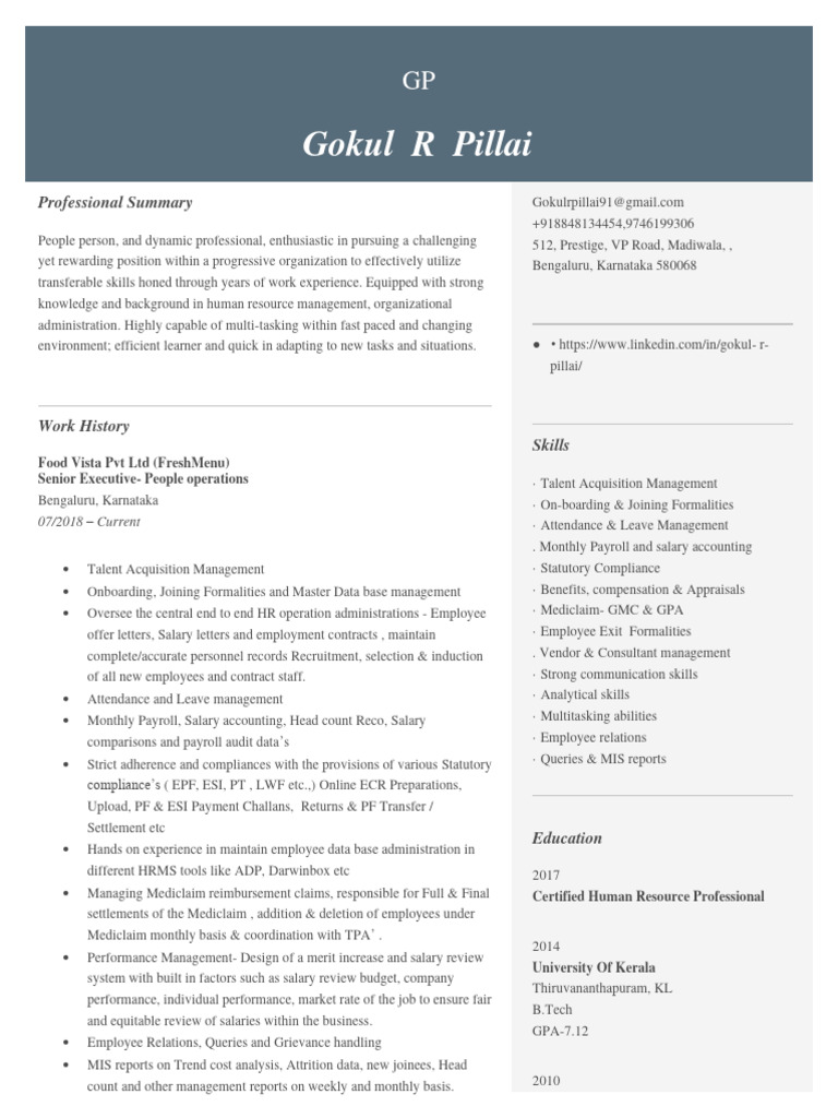 Gokul HR Wakefit Resume | Download Free PDF | Human Resources | Human Resource Management