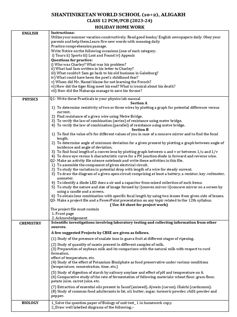 Class 12 Holiday Homework Guide | PDF | Science & Mathematics | Computers