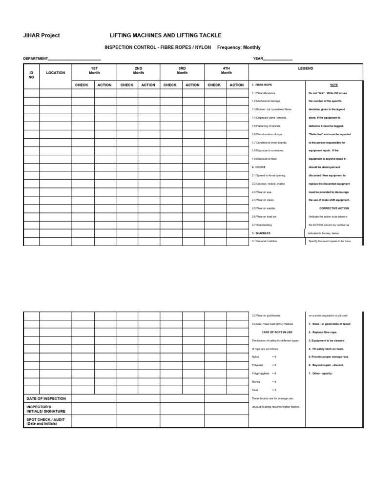 Lifting Equipment Inspection Checklist | PDF | Rope | Equipment