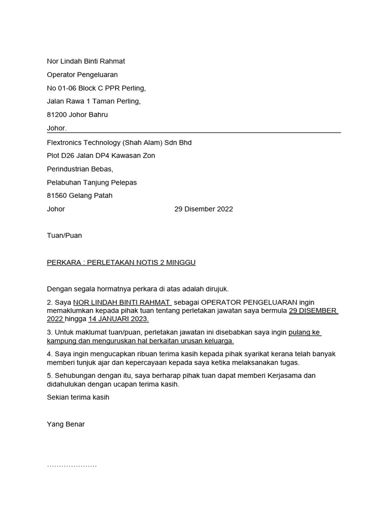 Contoh Surat Perletakan Jawatan | PDF