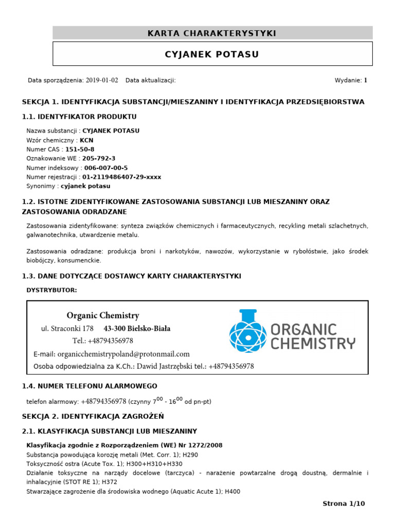 Cyjanek Potasu Karta Charakterystyki | PDF