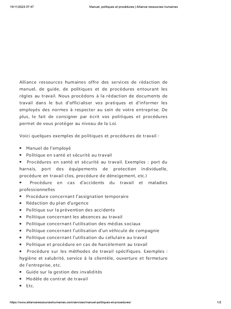 Manuel, Politiques Et Procédures - Alliance Ressources Humaines | PDF | Gestion des ressources ...