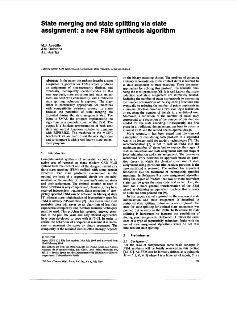 State Merging and State Splitting Via State Assignment: A New FSM Synthesis Algorithm | PDF ...