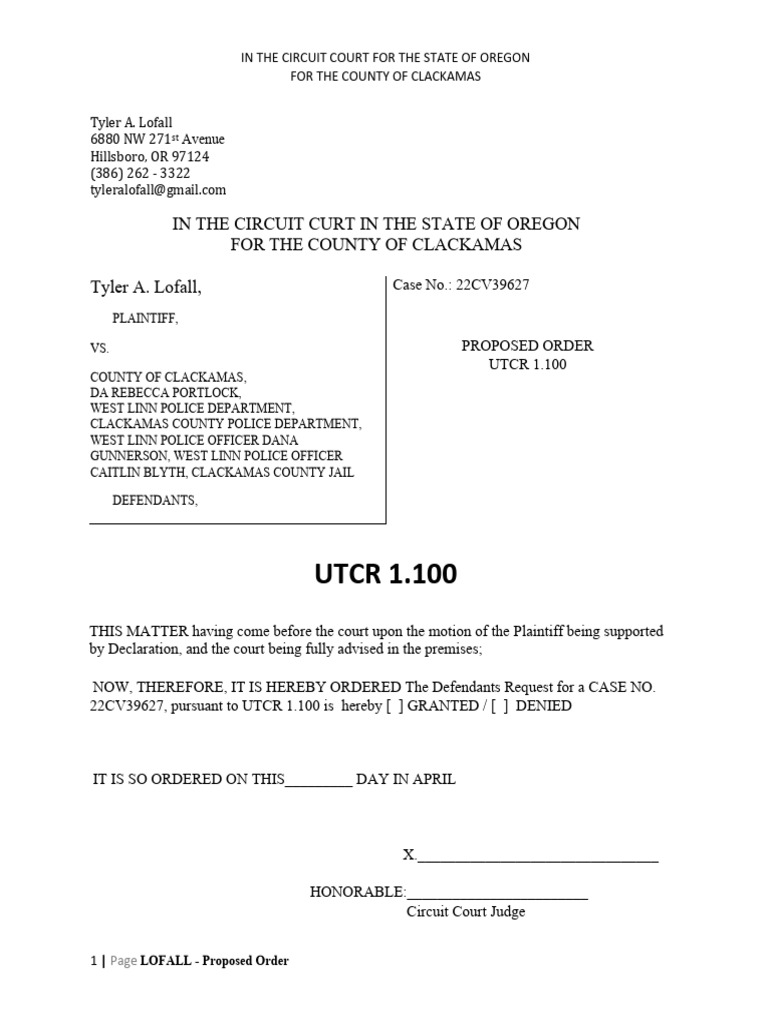 LOFALL - PROPOSED ORDER UTCR 1.1002. True Copy With Cert | PDF | Law