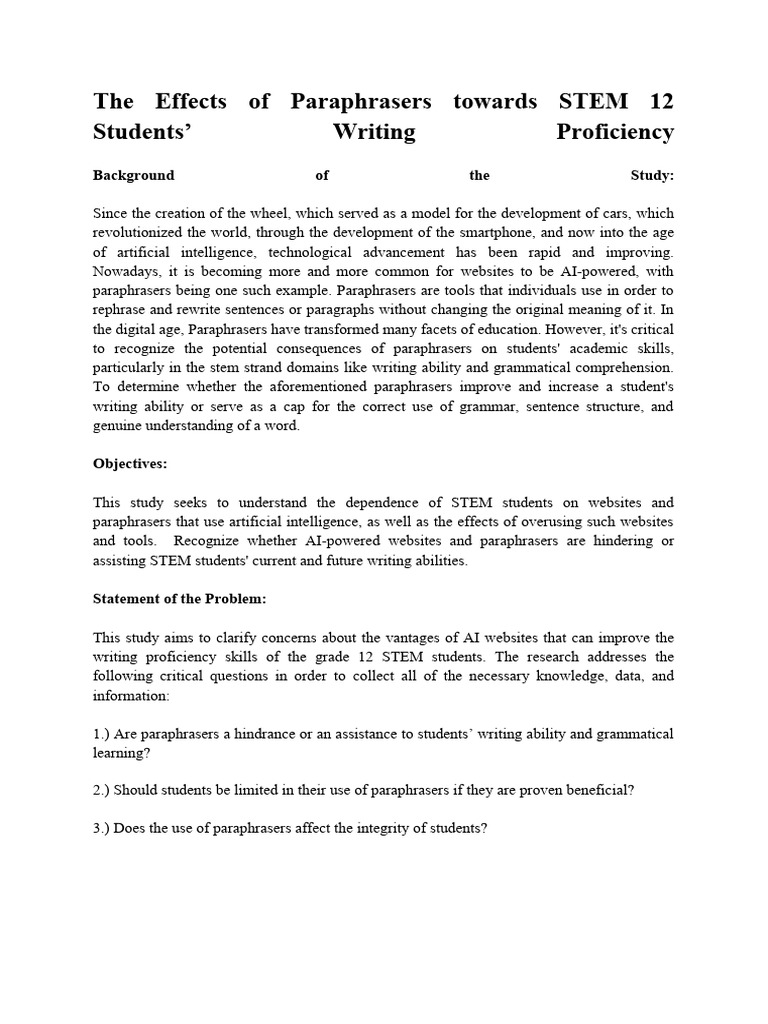 The Effects of Paraphrasers Towards STEM 12 Students' Writing Proficiency | PDF | Artificial ...