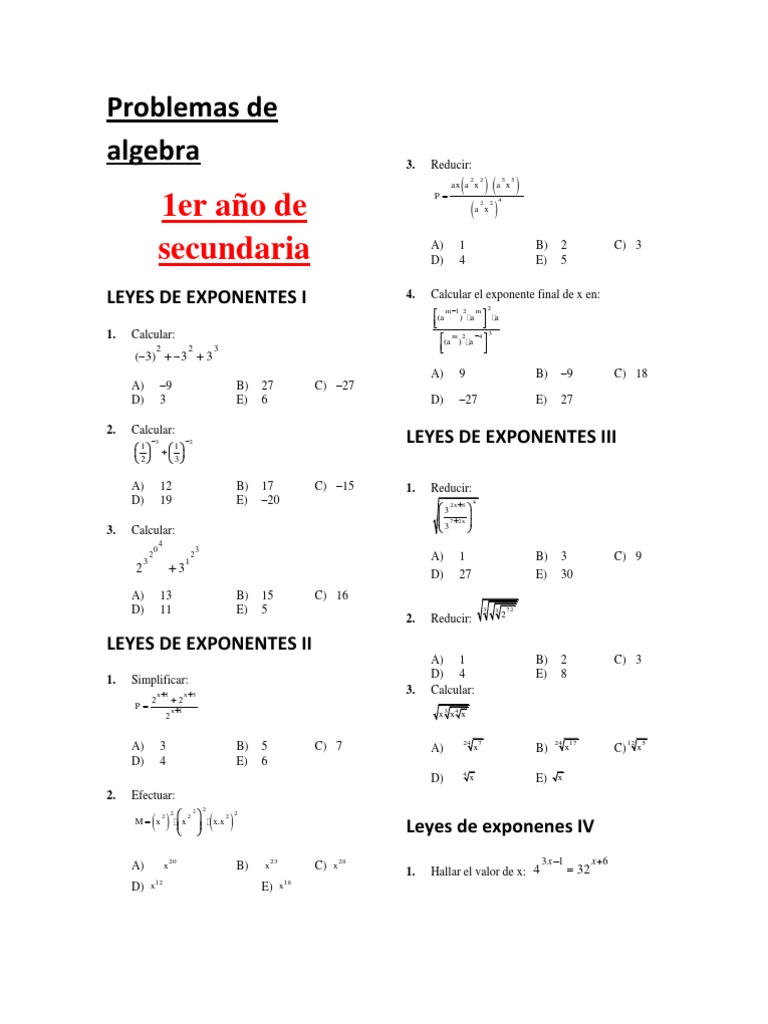 Problemas de Álgebra Secundaria | PDF | División (Matemáticas ...