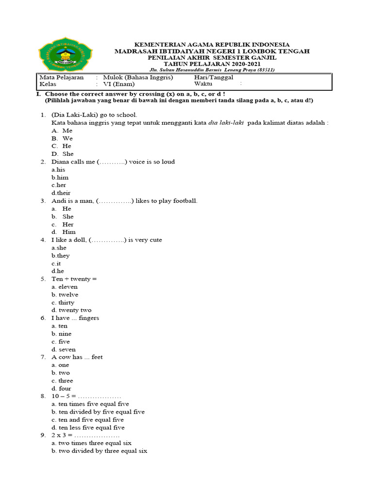 Soal Uas Bahasa Inggris Kelas VI (Enam) | PDF