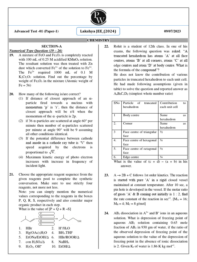 Jee Advance Practice Test 01 Paper 1 Chemistry Lakshya Jee 2024 Pdf Mole Unit Ion