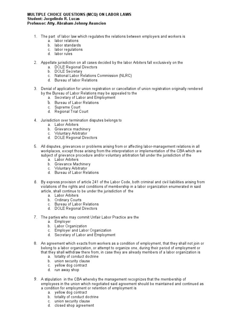 Multiple Choice Questions | PDF | Labour Law | Trade Union