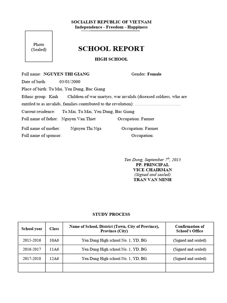 Nguyen Thi Giang's High School Report | PDF