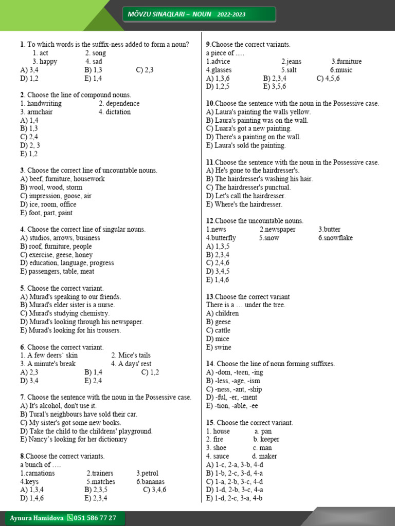 Movzu Sinaqlari Noun (1) - 230828 - 185312 | PDF | Noun | Linguistic Morphology