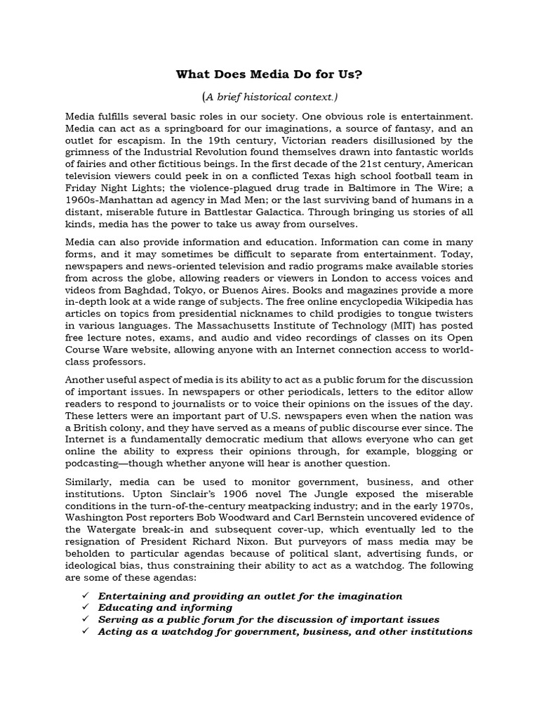 Roles of Media in Society Explained | PDF | Mass Media | Media ...