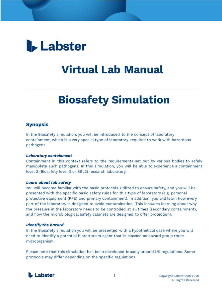 Biosafety Simulation Lab Manual | PDF | Bacillus | Laboratories