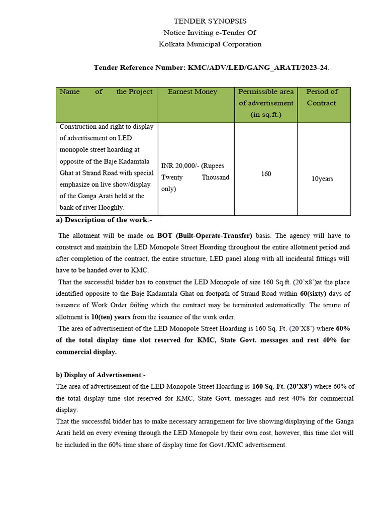 Tender Synopsis - KMC - Led - Ganga - Arati | PDF | Request For Proposal | Business