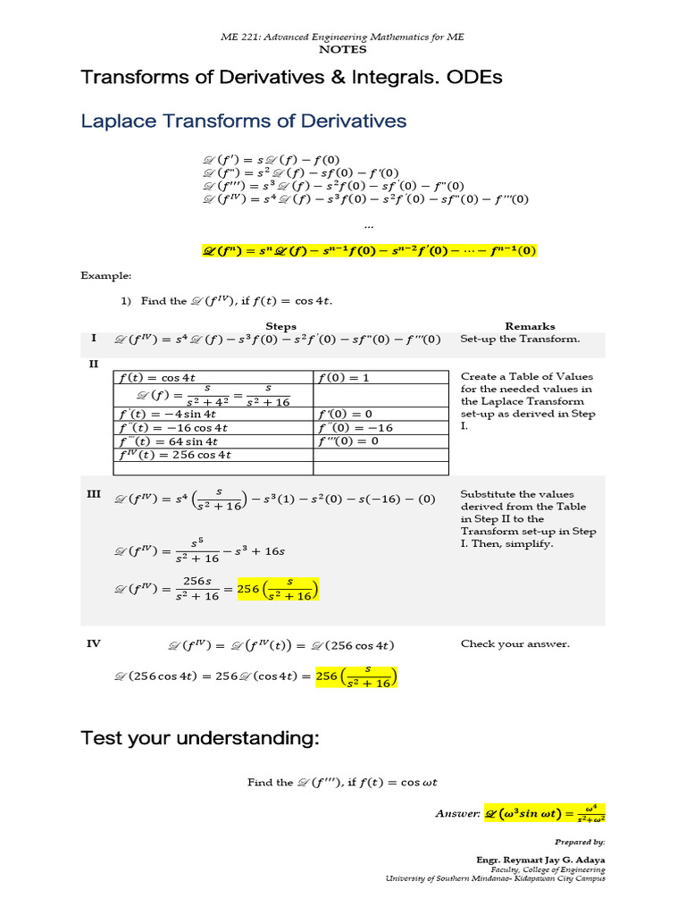 Laplace Transform of Derivatives and Integrals - ODEs | PDF | Ordinary Differential Equation ...