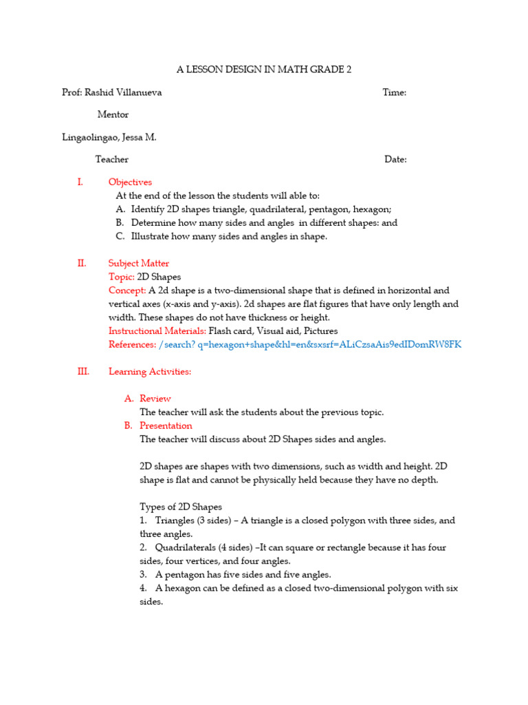 A Lesson Design in Math Grade 2 | PDF | Shape | Triangle