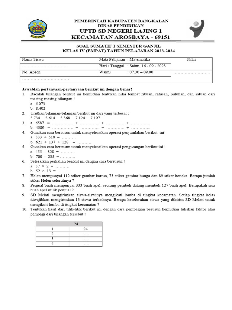 Soal Sumatif Matematika Kelas 4 Semester Ganjil | PDF