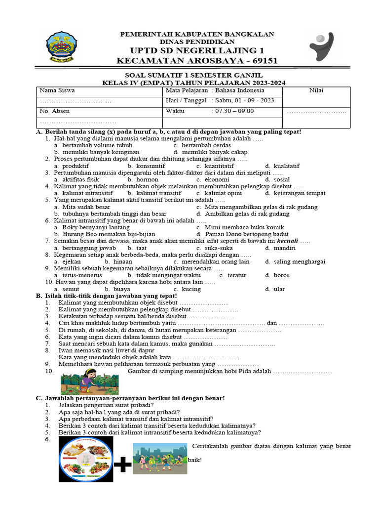 Soal Sumatif Bahasa Indonesia Kelas 4 Semester Ganjil | PDF | Seni & Disiplin Bahasa