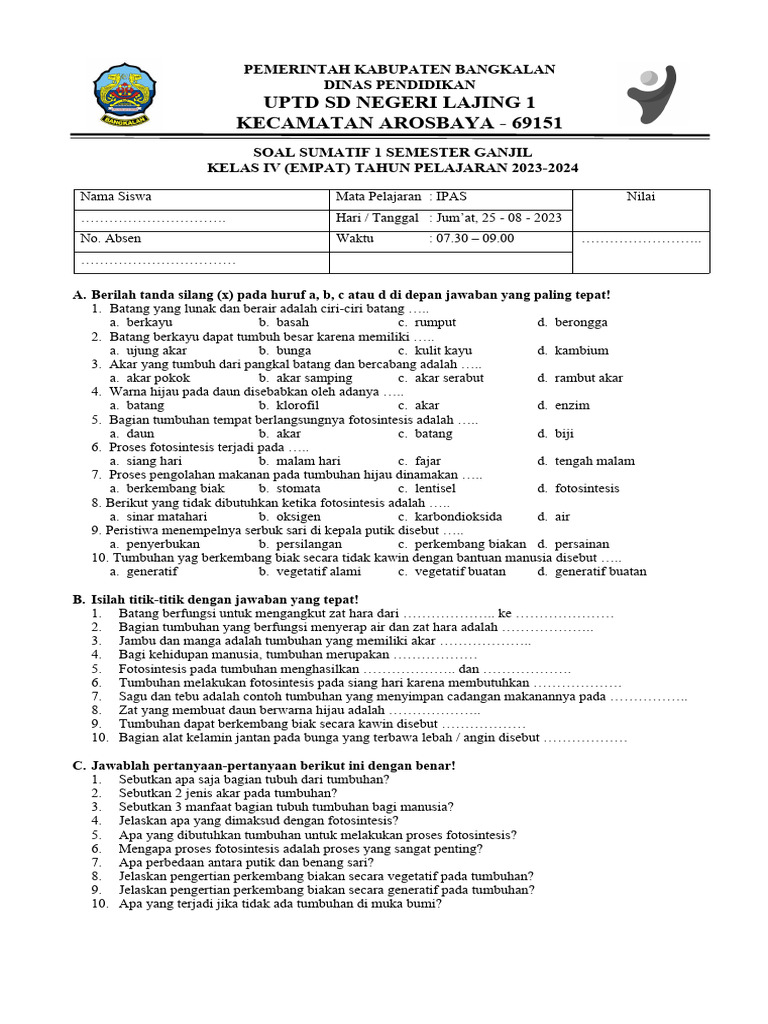Soal Sumatif IPAS Kelas 4 Semester Ganjil | PDF | Sains & Matematika