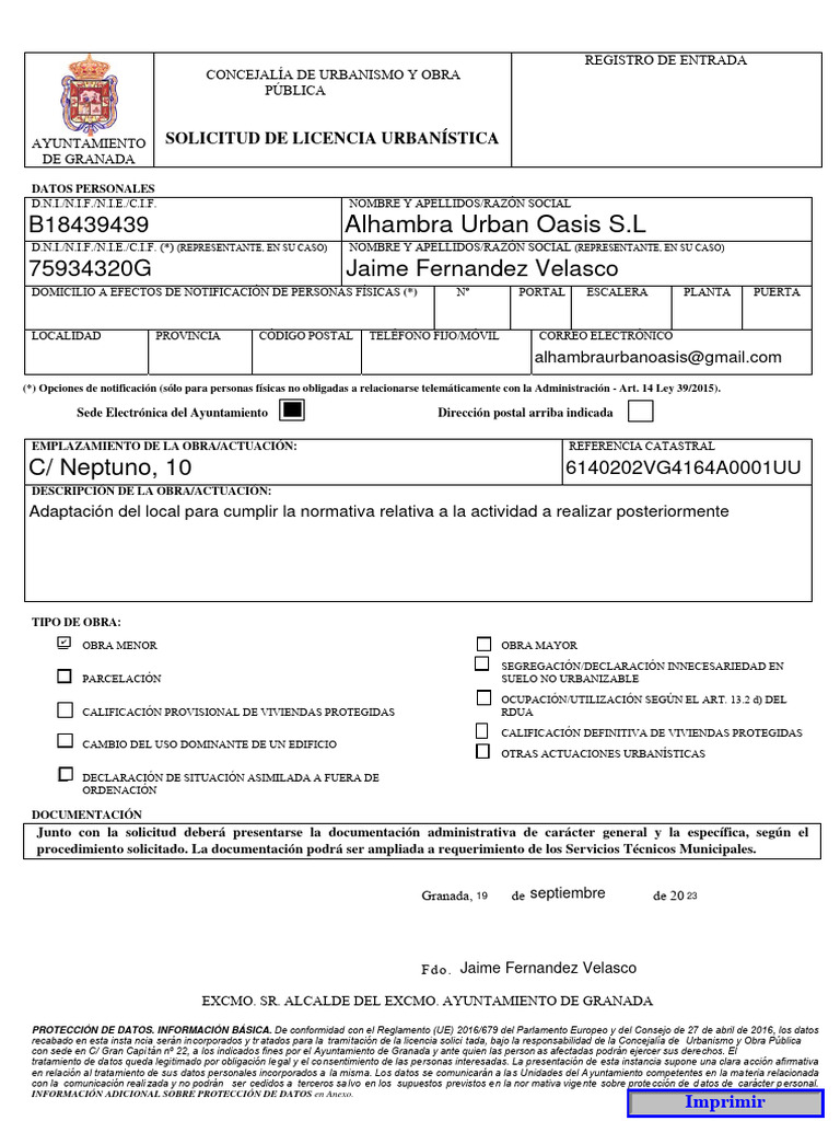 Solicitud de Licencia de Obras | PDF | Granada | Gobierno local