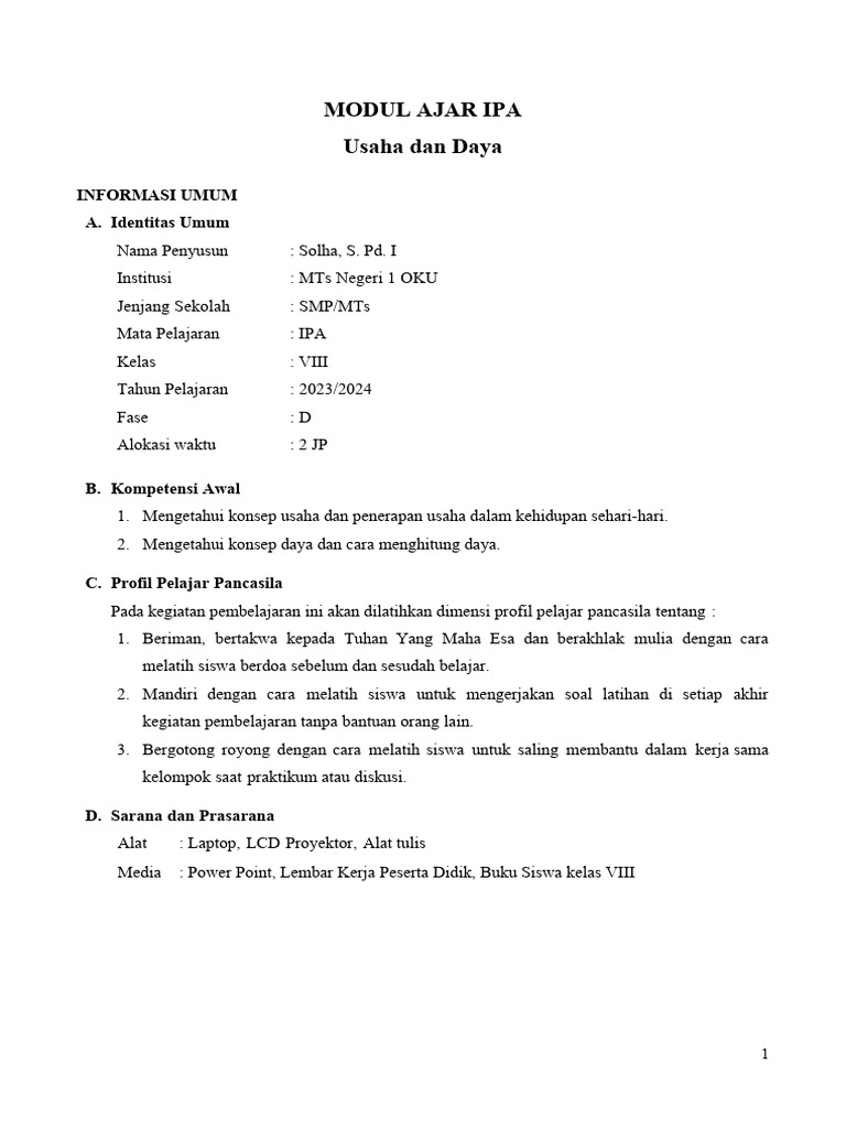 Modul Ajar IPA Kelas VIII Usaha Dan Daya | PDF