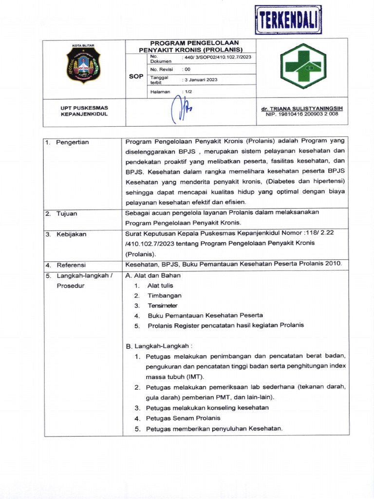 T Sop - Program Pengelolaan Penyakit Kronis (Prolanis) Tahun 2023 | PDF