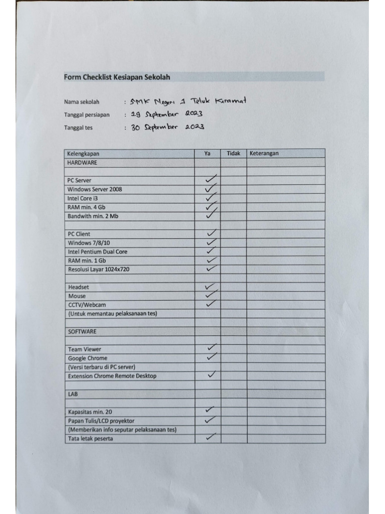 Checklist Kesiapan TOEIC SMKN 1 Teluk Keramat | PDF