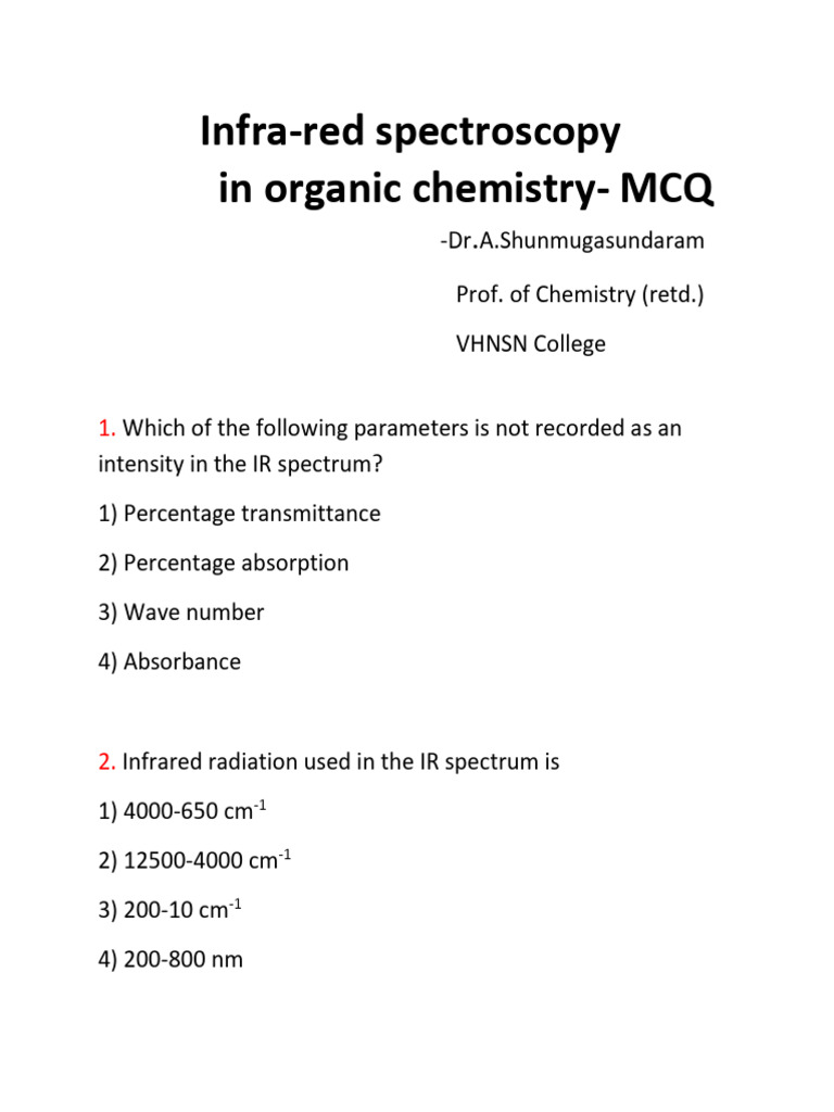 IR Spectroscopy MCQs and Answers | PDF | Infrared Spectroscopy | Infrared
