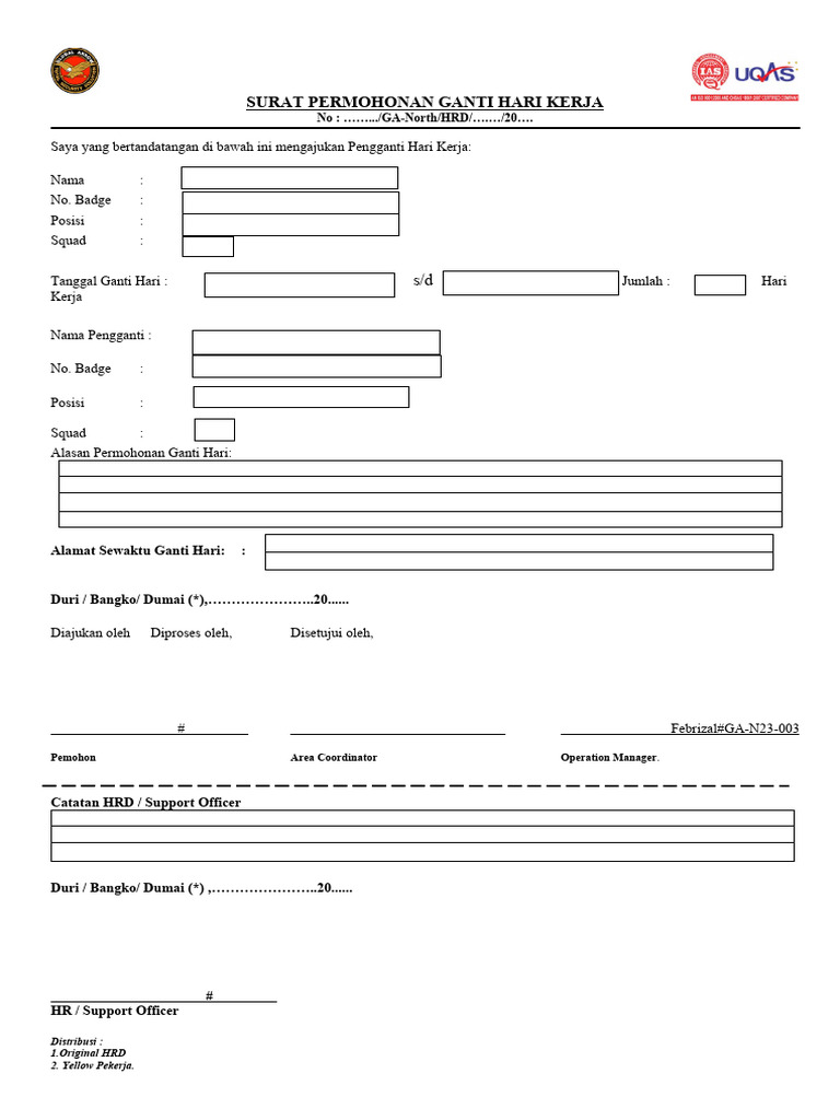 Form Surat Permohonan Ganti Hari | PDF