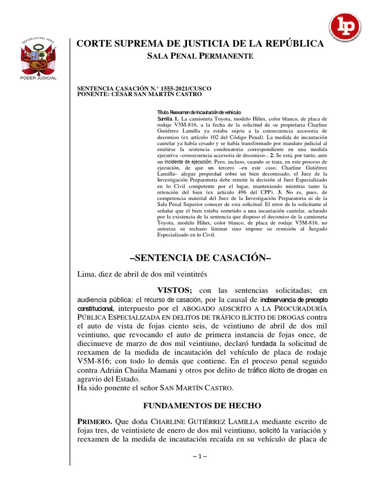 Casacion 1555 2021 Cusco LPDerecho | PDF | Sentencia (ley) | Judicaturas Casacion 1555 2021 Cusco LPDerecho | PDF | Sentencia (ley) | Judicaturas
