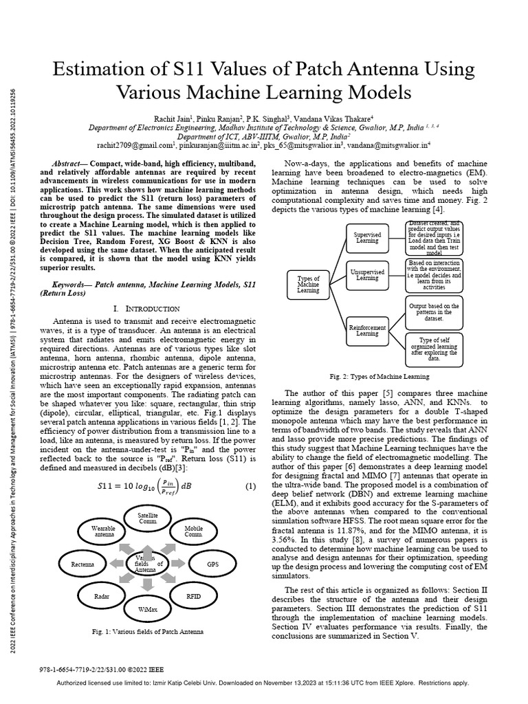 Estimation of S11 Values of Patch Antenna Using Various Machine Learning Models | PDF | Antenna ...