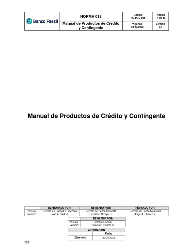 Norma 012 MANUAL DE PRODUCTOS DE CREDITO Y CONTINGENTE | PDF | Crédito ...