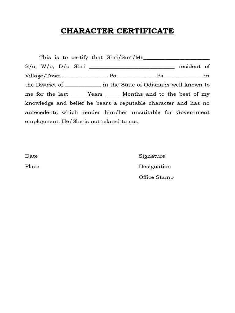 Character Certificate Template Odisha | PDF