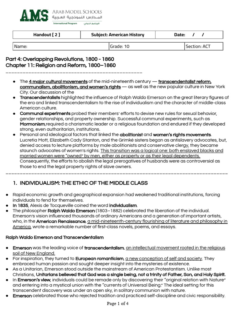 Handout 2 - American History - Grade 10 | PDF | Abolitionism In The ...