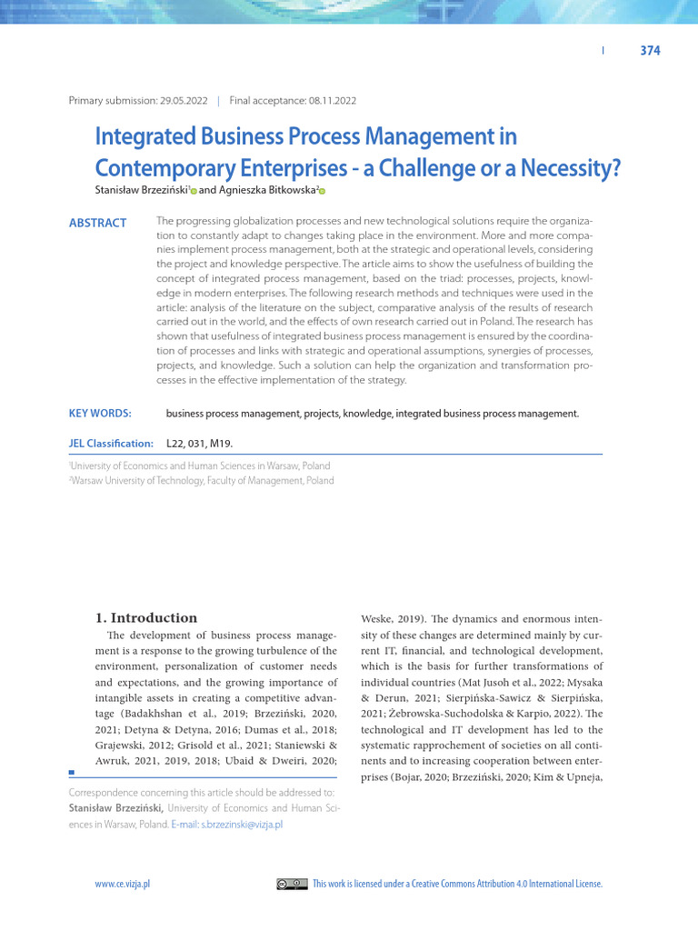 Integrated Business Process Management in Contemporary Enterprises - A Challenge or A Necessity ...