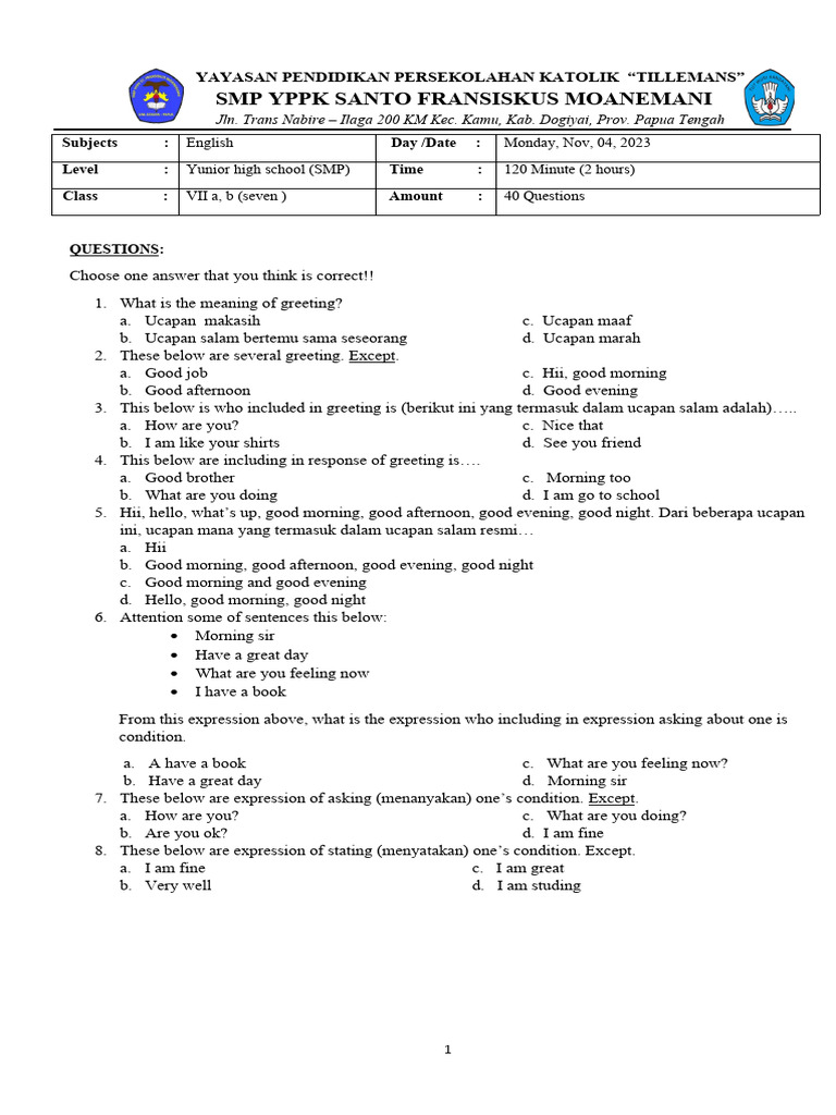 Soal Ulangan Semester Ganjil Kelas VII | PDF | Grammar | Linguistic Typology