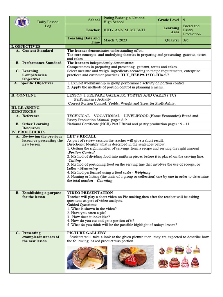 Portion Control in Baking Lesson Plan | PDF | Cakes | Teachers