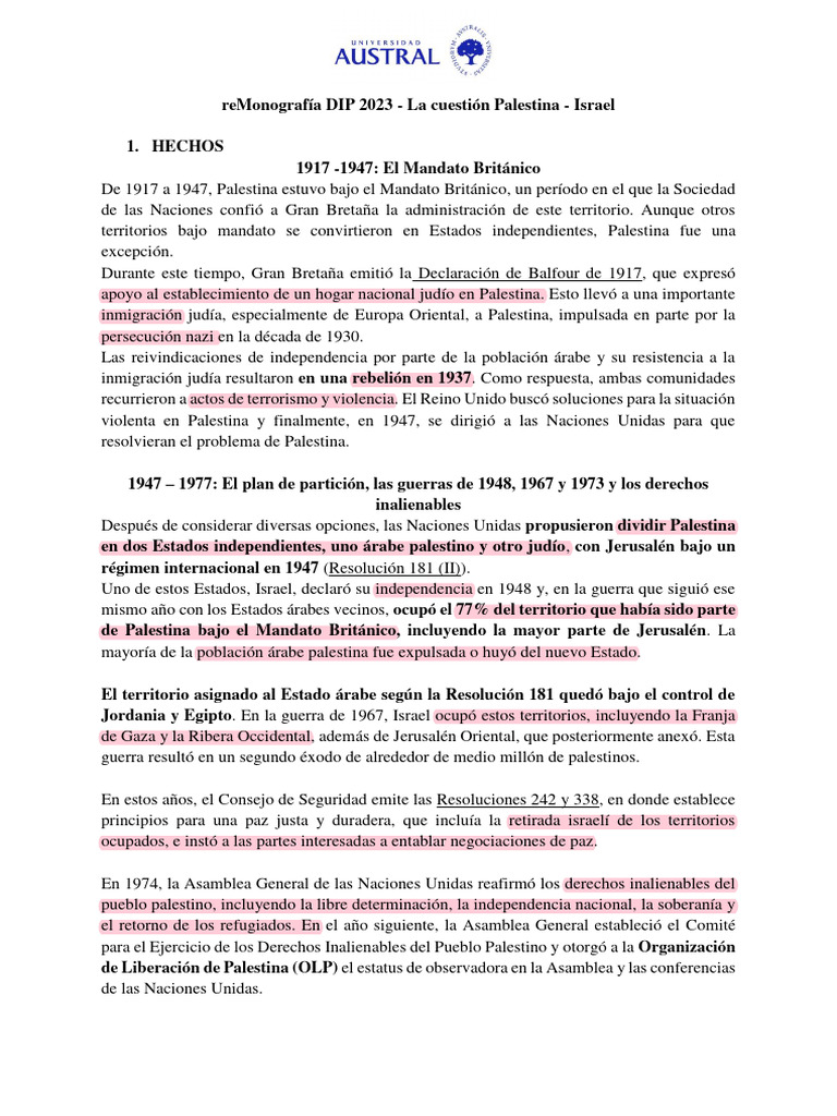 Monografía DIP 2023 - La cuestión Israel - Palestina | PDF | Política mundial | Estado de Palestina