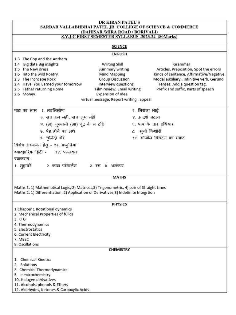 Syllabus - Science Syjc 1 Term Sem 2023-24 | PDF | Science | Mathematics