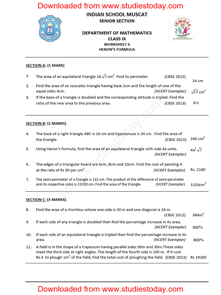 Class 9 Heron's Formula Worksheet | PDF | Area | Triangle