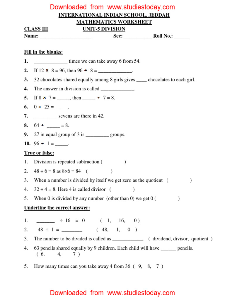 CBSE Class 3 Mathematics Worksheet (83) - Division | PDF | Division (Mathematics) | Abstract Algebra