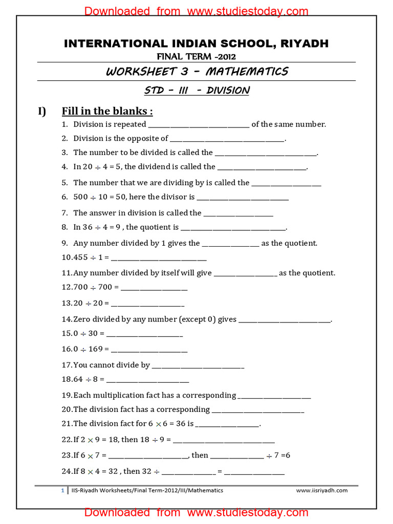 CBSE Class 3 Mathematics Worksheet (48) - Division | PDF | Division ...