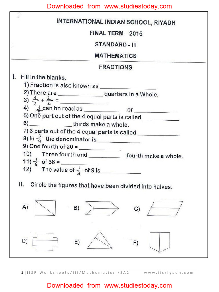 CBSE Class 3 Mathematics Worksheet (50) - Fractions | PDF