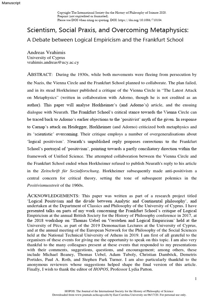 Vrahimis - Scientism, Social Praxis, and Overcoming Metaphysics - A ...