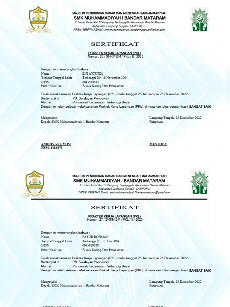 Sertifikat PKL | PDF | Bisnis