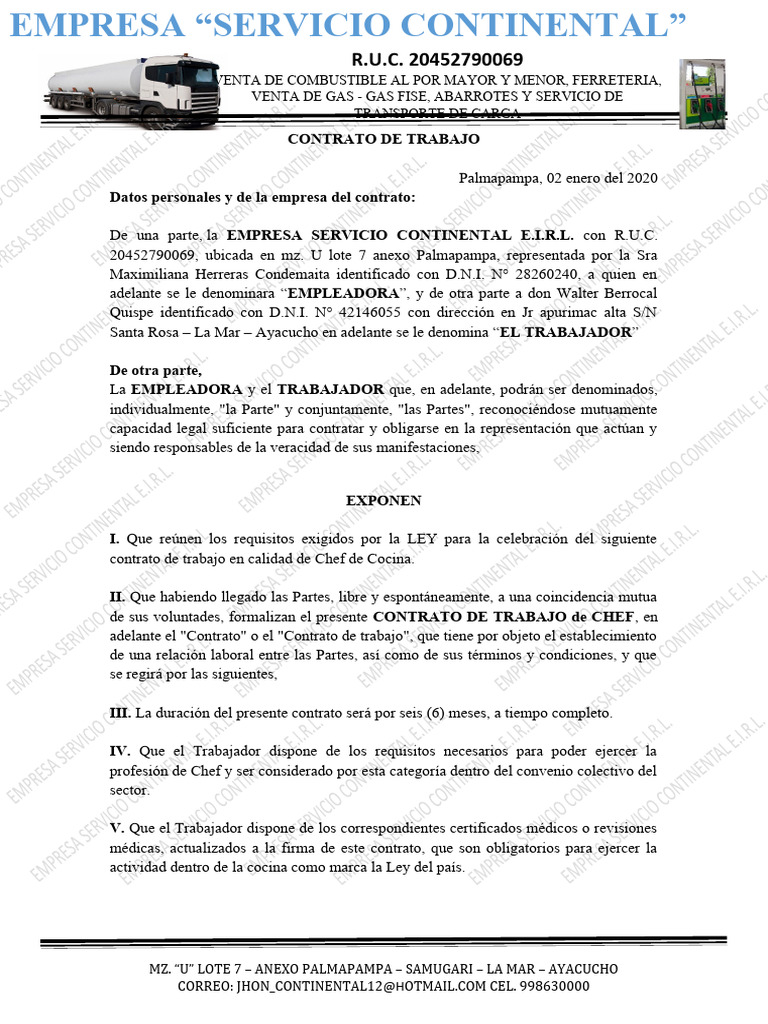 Contrato Del Chef | PDF | Salario | Tiempo de trabajo