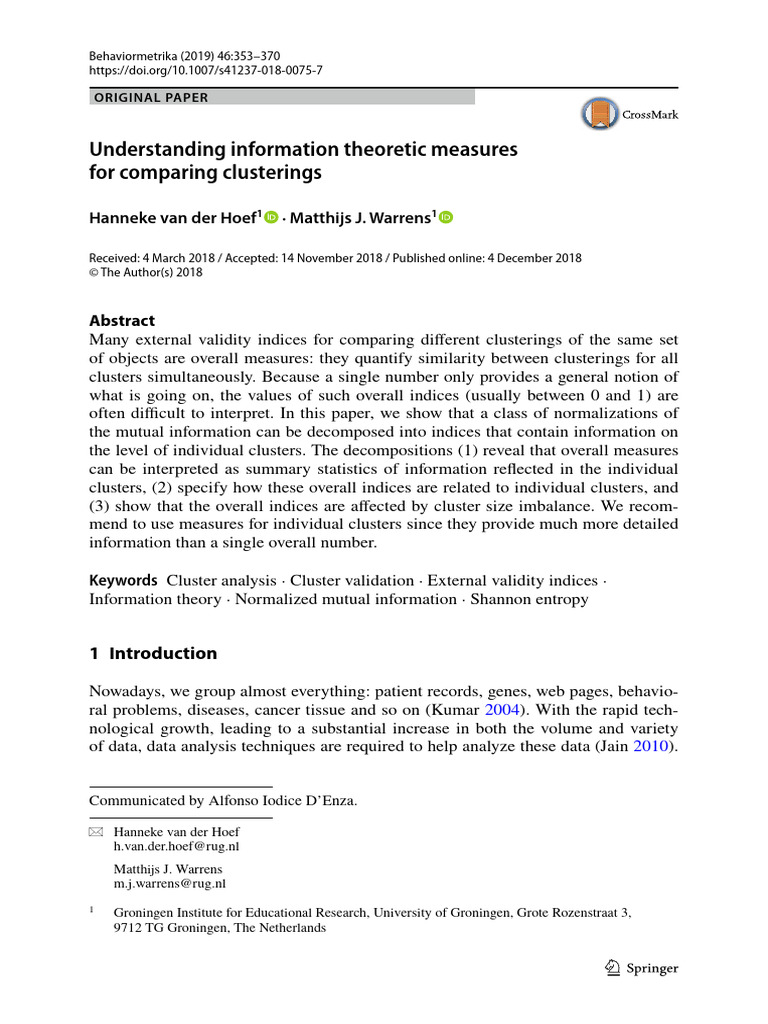 Understanding Information Theoretic Measures For Comparing Clusterings Pdf Cluster Analysis